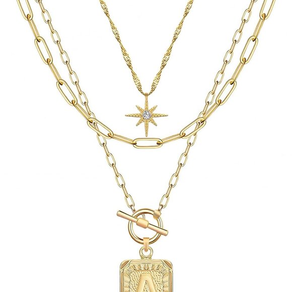 Jewelry | Layered Initial Necklace Gold Plated Brass 14k Gold Pendant ...